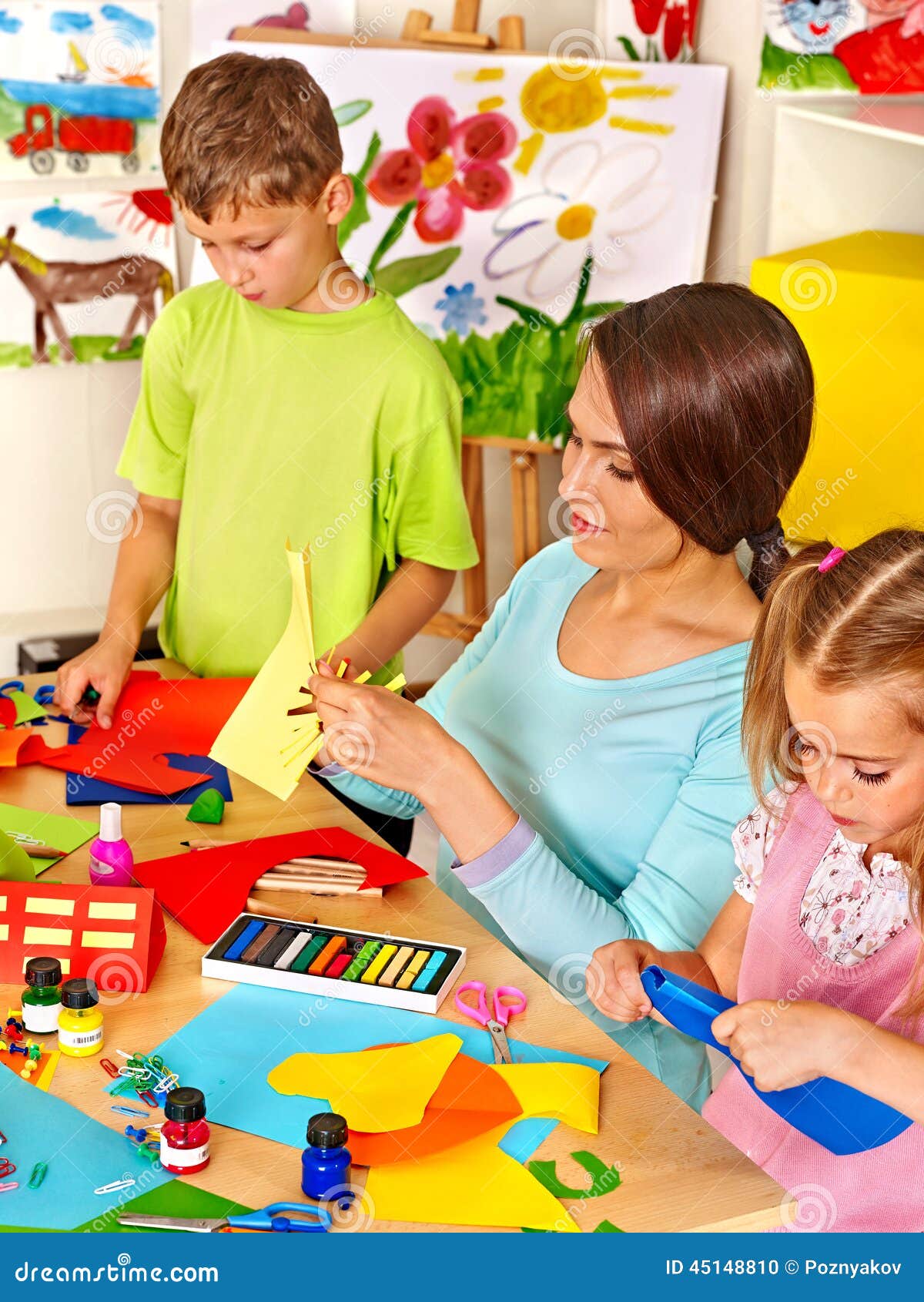 Children with Teacher at Classroom. Stock Photo - Image of children ...