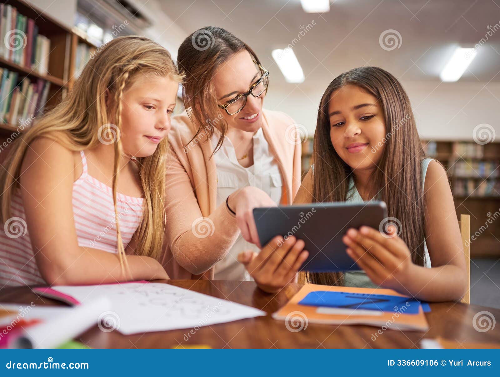 Children, Teacher and Helping with Tablet for Education, Elearning and ...