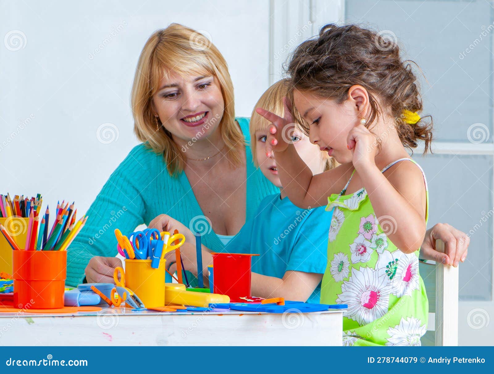 Children with a Teacher in a Kindergarten at a Labor Lesson Stock Image ...