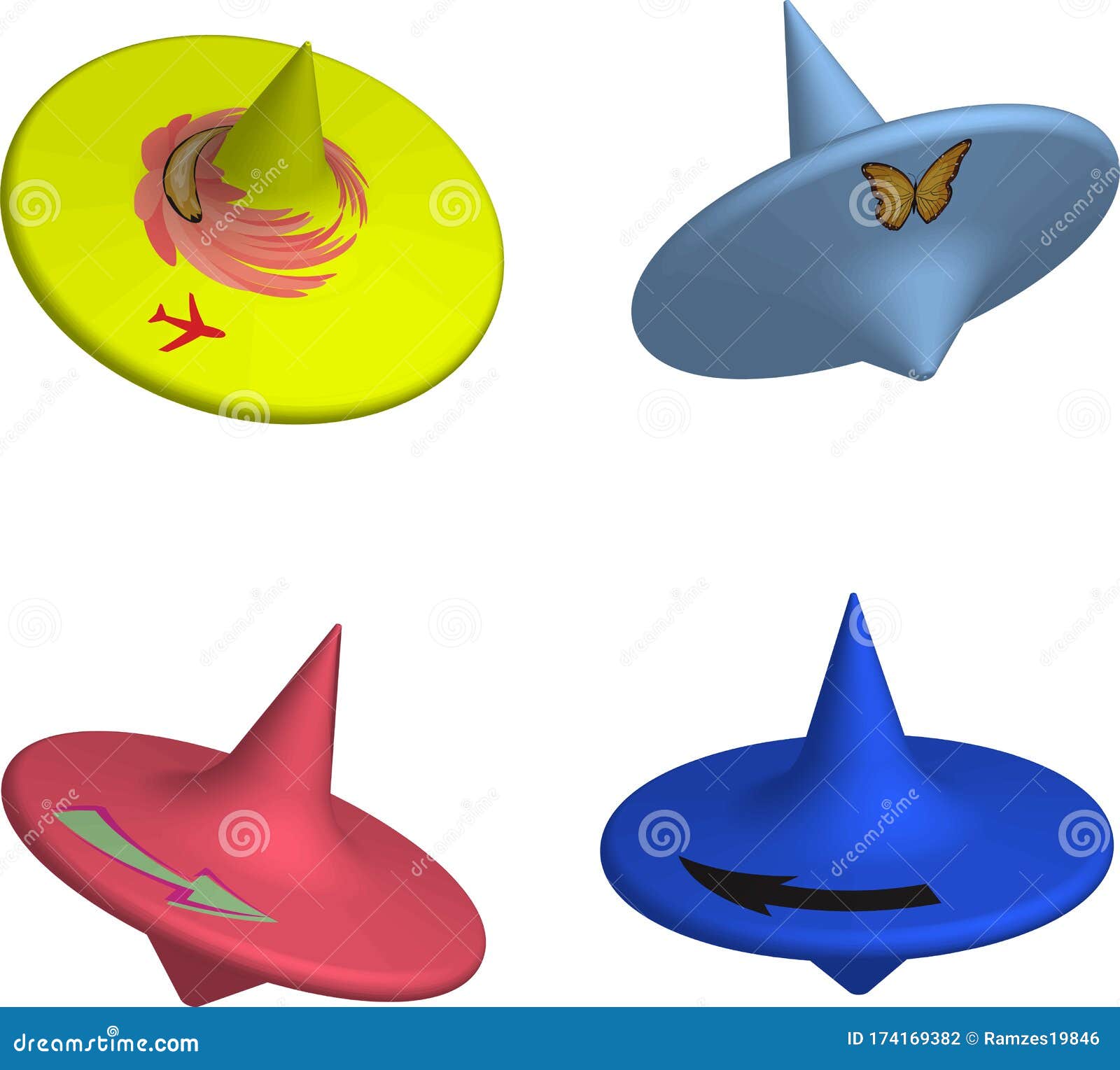 Children`s Toy Top in Different Positions with Patterns on the Surface ...