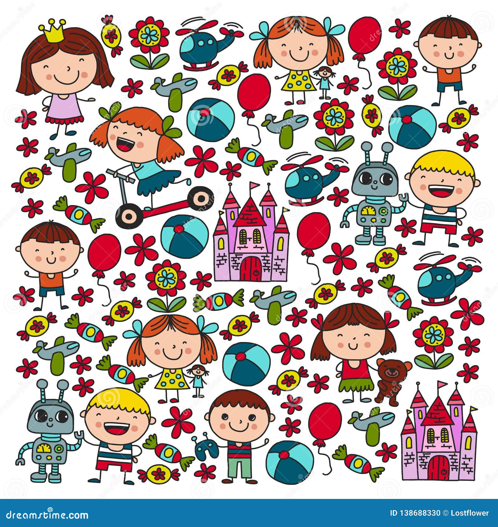 Children with Toys. Colorful Pattern for Kindergarten Posters. Stock ...