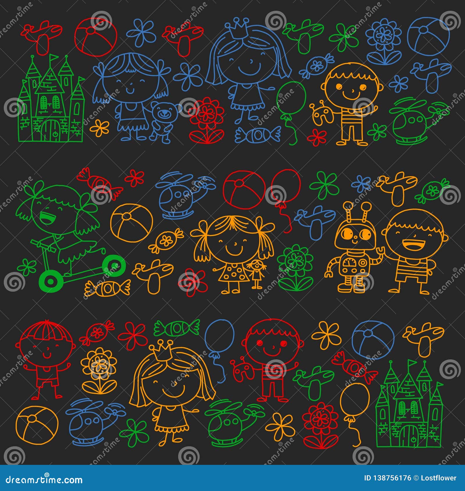 Children with Toys. Colorful Pattern for Kindergarten Posters. Stock ...