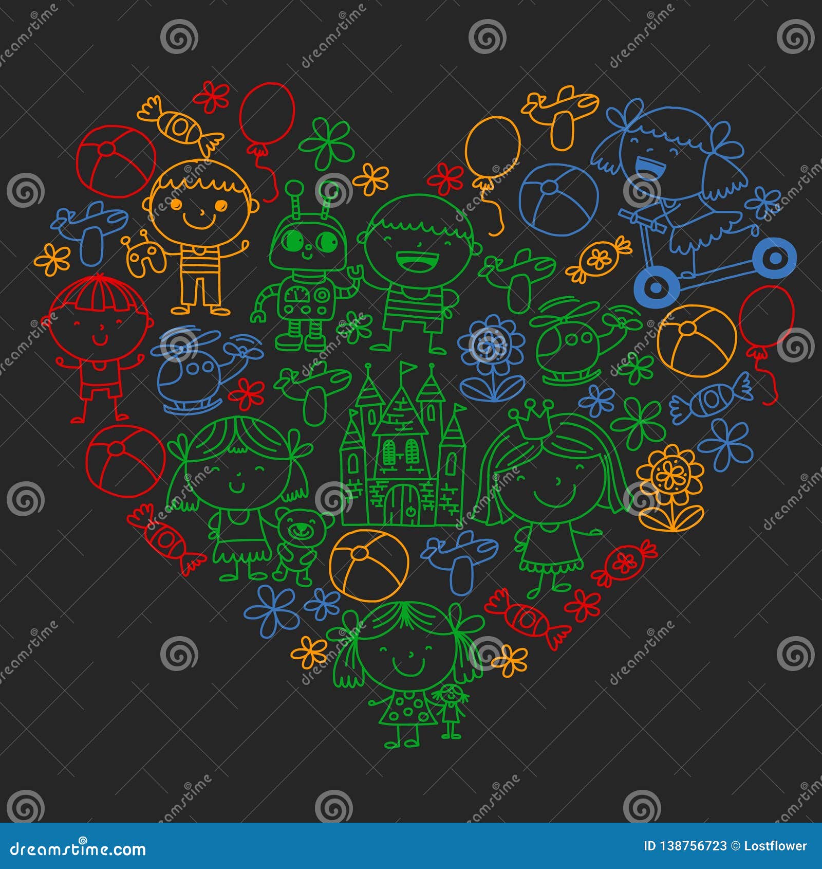 Children with Toys. Colorful Pattern for Kindergarten Posters. Stock ...