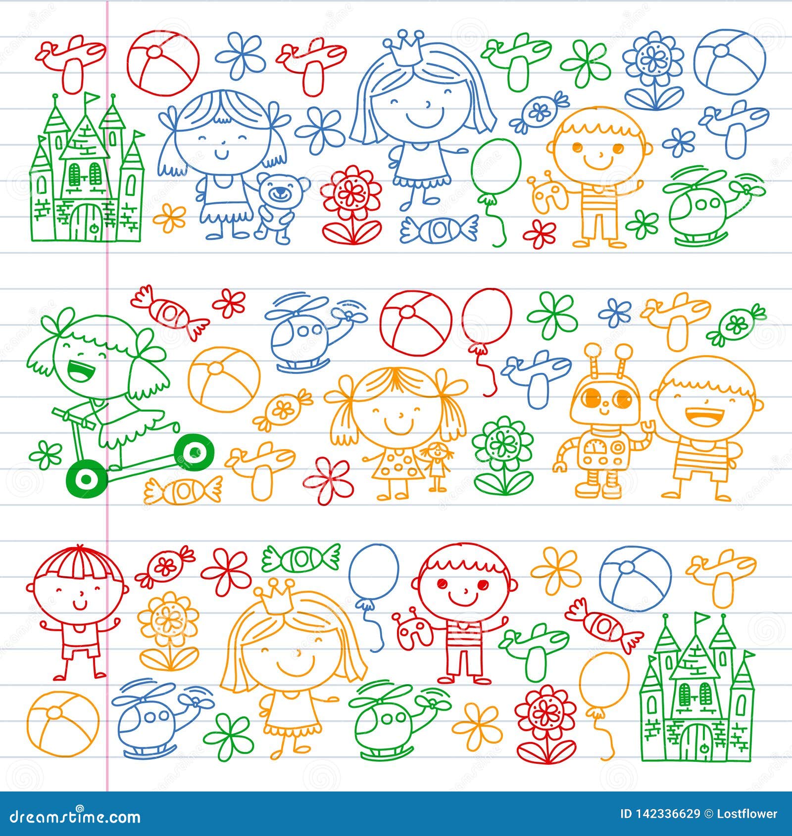 Children with Toys. Colorful Pattern for Kindergarten Posters. Stock ...