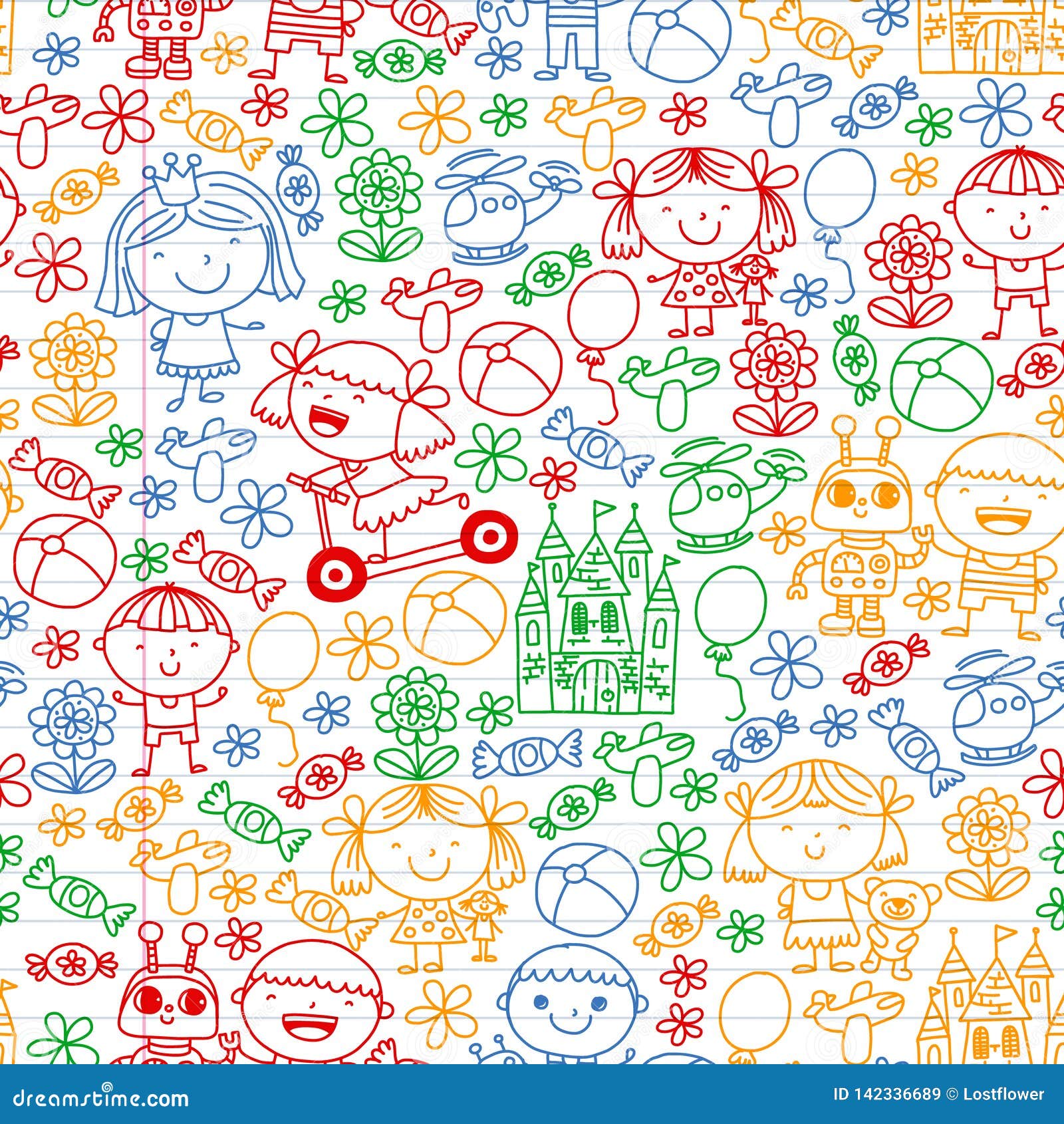 Children with Toys. Colorful Pattern for Kindergarten Posters. Stock ...