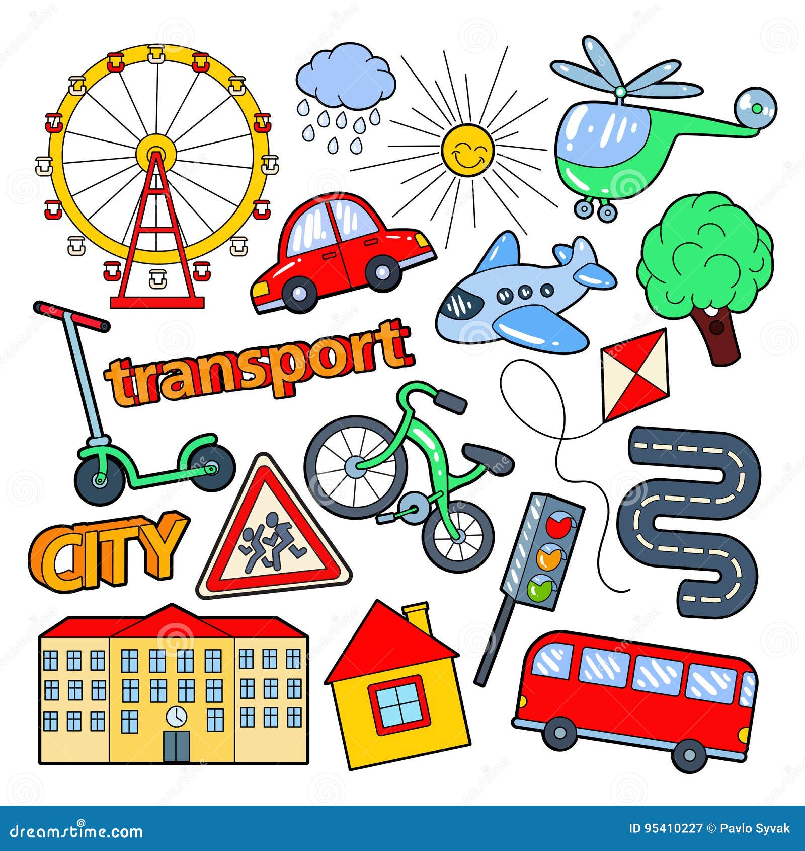 Children Transport Doodle with Bicycle, Bus and Airplane Stock Vector ...