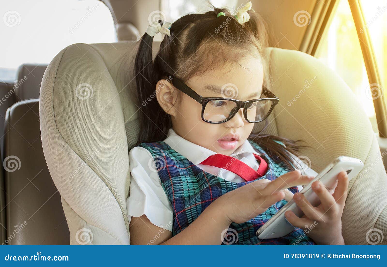 Children Using Mobile Smart Phone in Car. Stock Image - Image of happy ...
