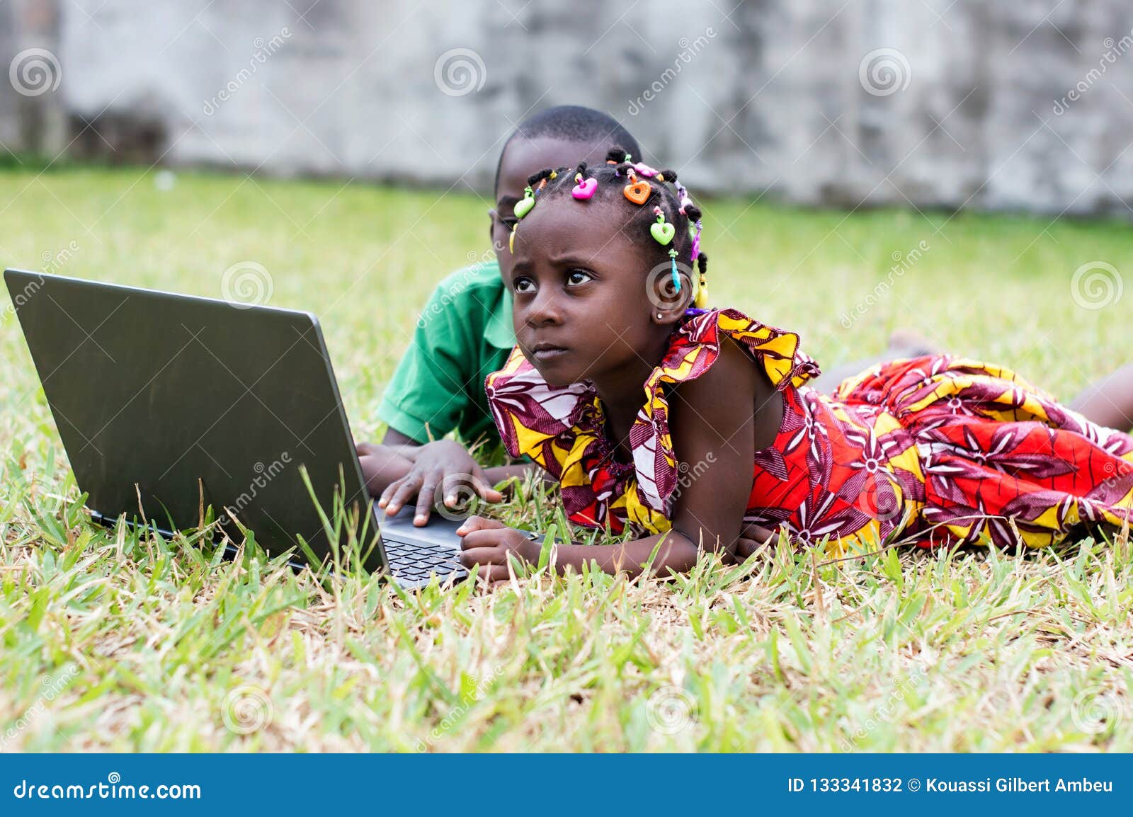 Children Using an Outdoor Laptop Stock Photo - Image of green, african ...