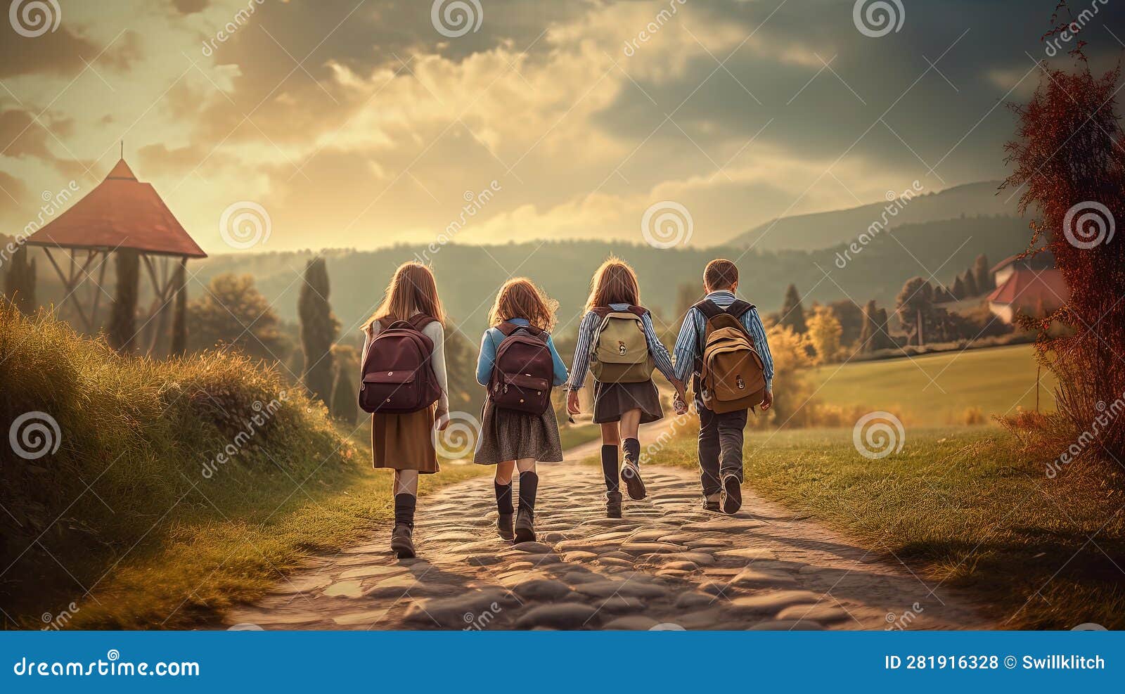 Children Walking Back Home from School with Backpacks. Generated AI ...