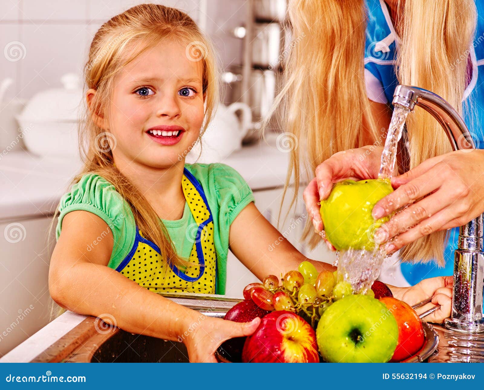 Children Washing Fruit at Kitchen Stock Photo - Image of female, food ...