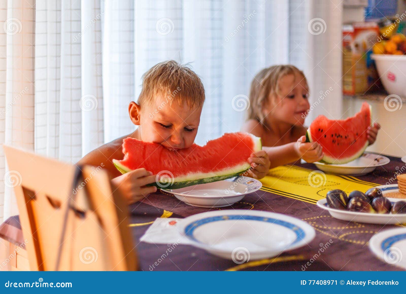 Children with Water Melon, Summer Stock Image - Image of indoors ...