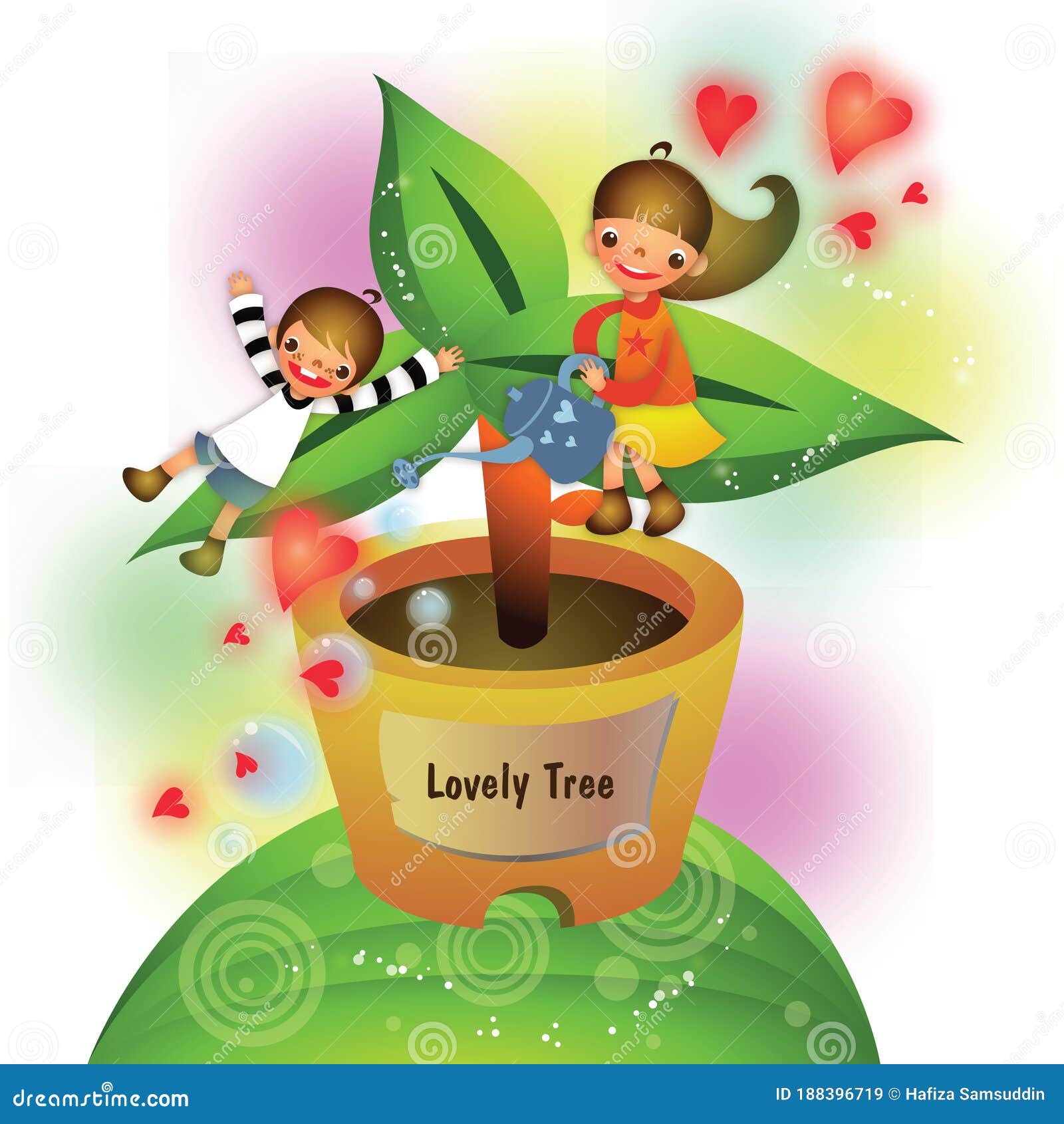 Children Watering a Tree Sapling. Vector Illustration Decorative Design ...