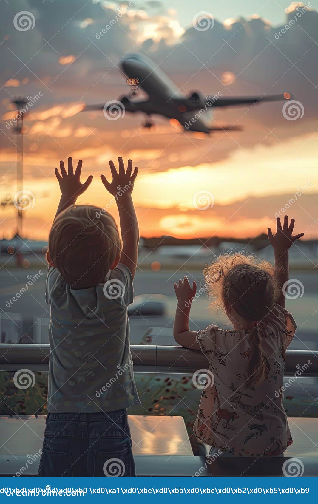 Children are Waving at the Plane. Selective Focus Stock Image - Image ...