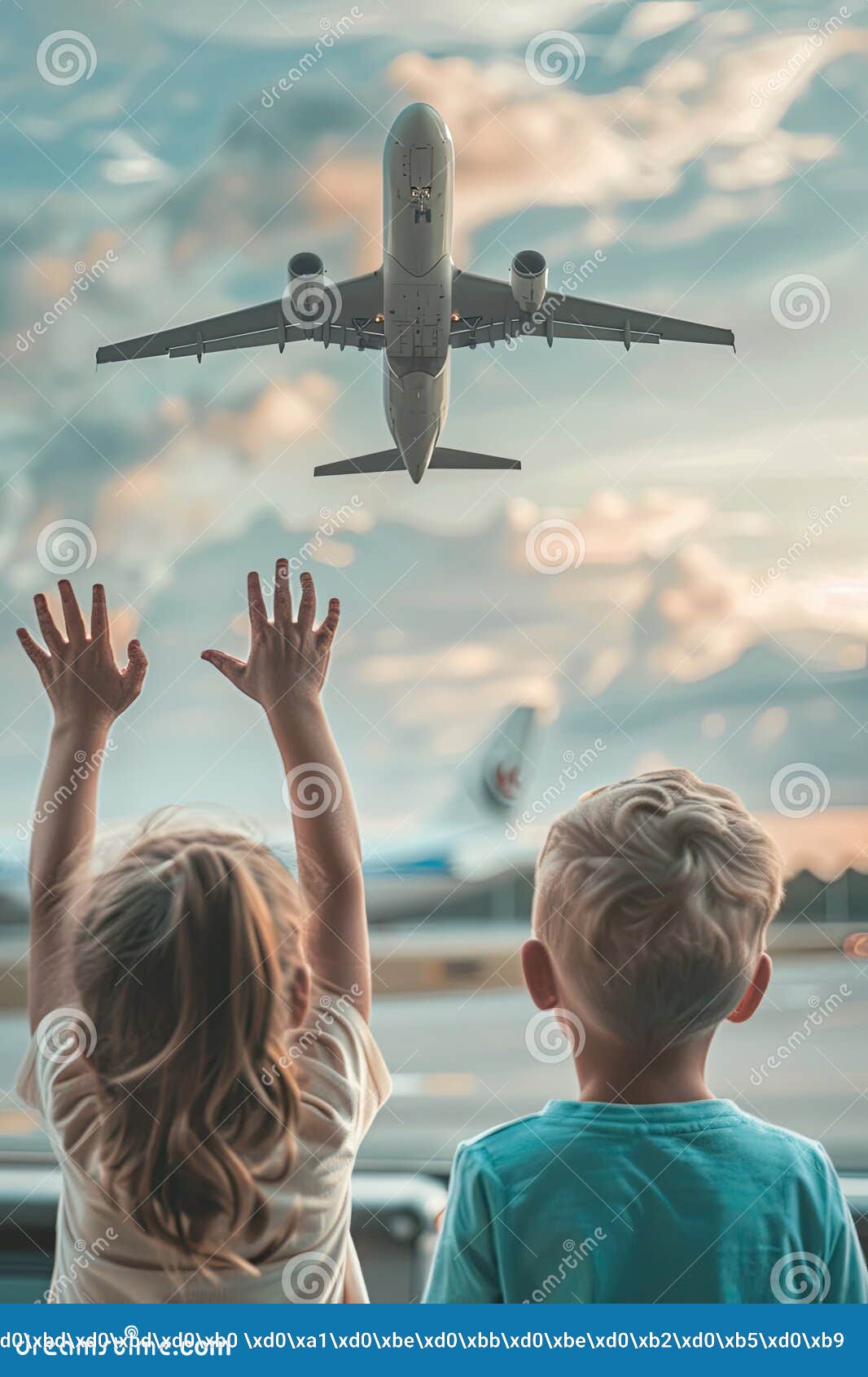 Children are Waving at the Plane. Selective Focus Stock Photo - Image ...
