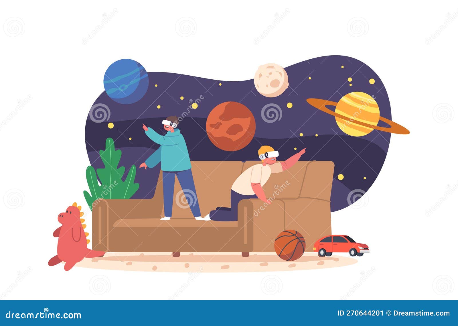 Children Wearing Vr Headsets Explore Space in Home Setting. Kids ...