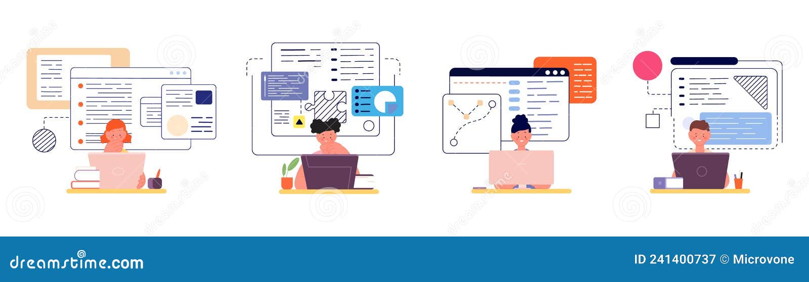 Children Web Development. Cute Little Kids with Computer and Laptop ...