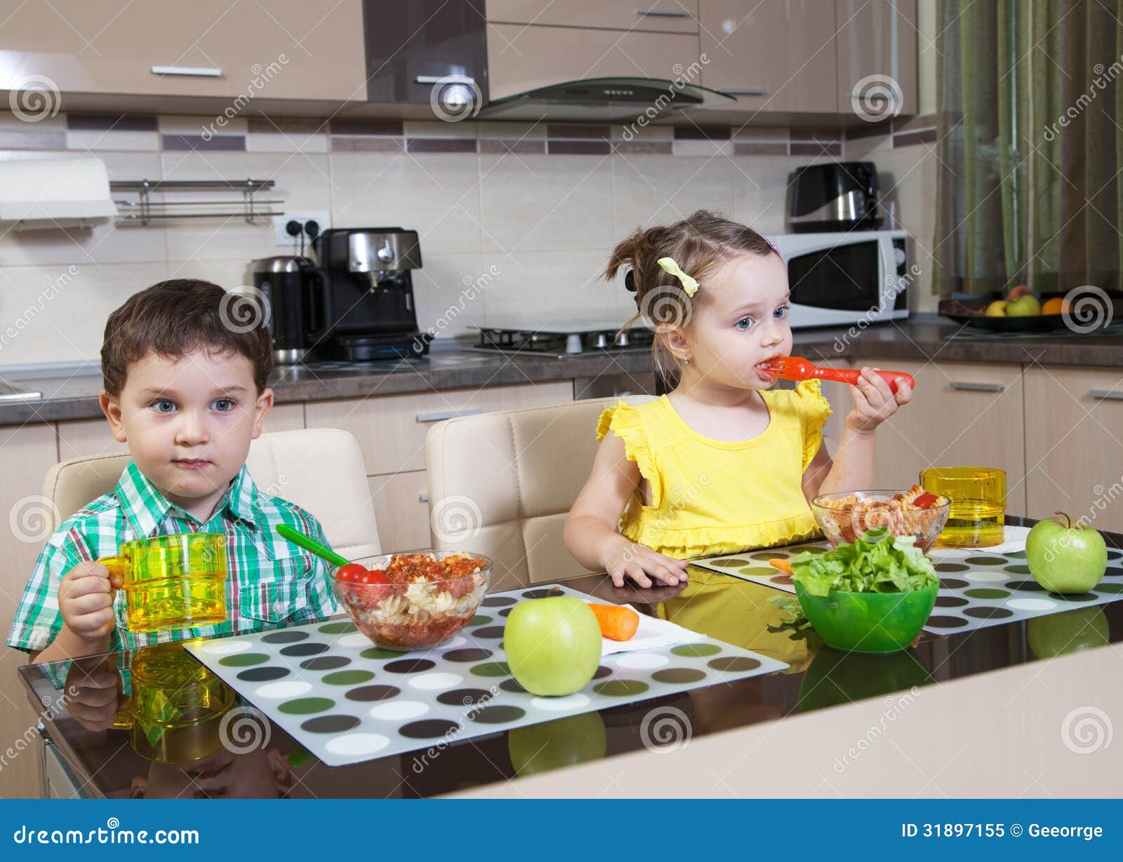 Children Who Eat Food in the Kitchen Stock Image - Image of fork, beef ...