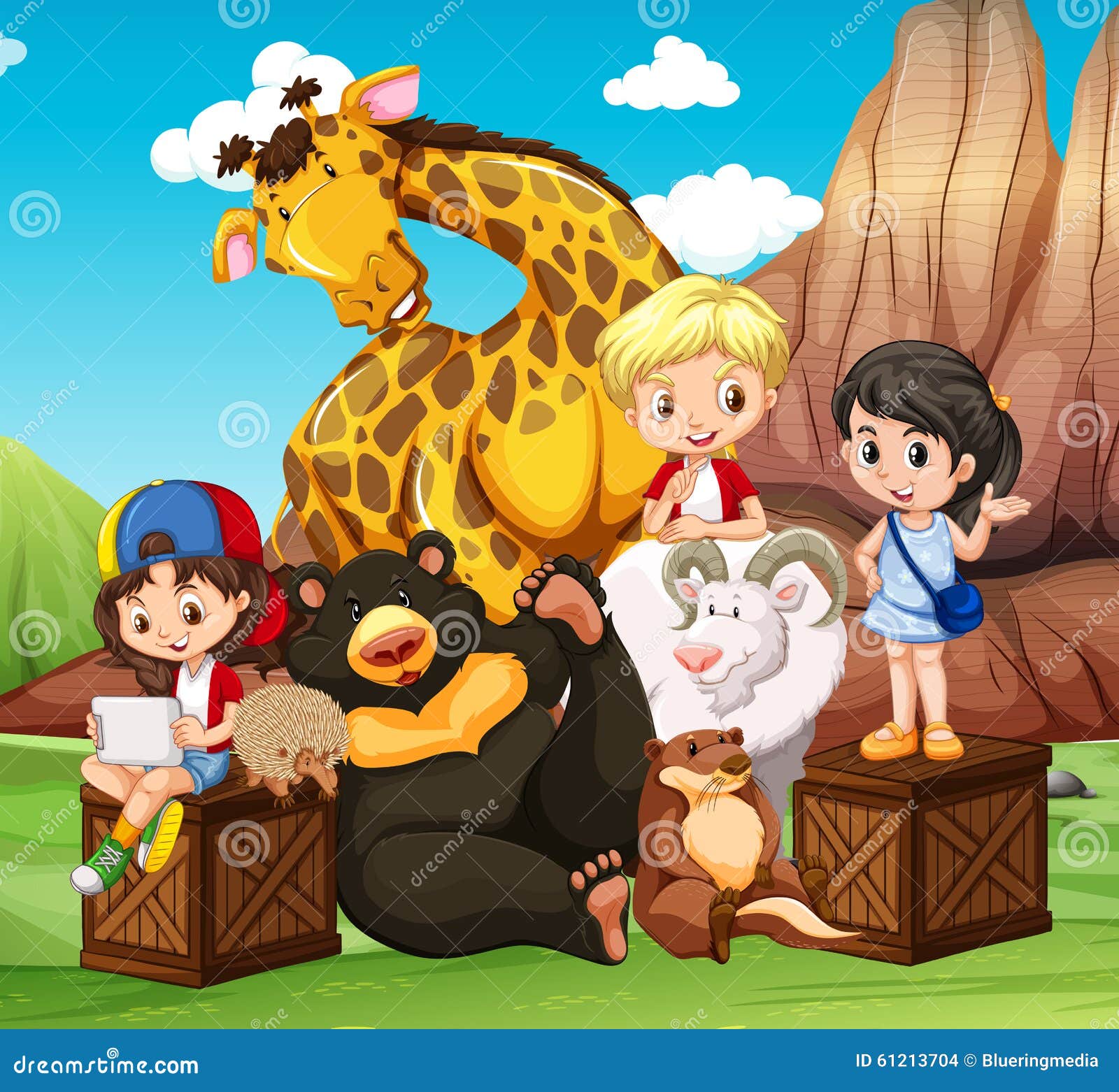 Children and Wild Animals in the Field Stock Vector - Illustration of ...