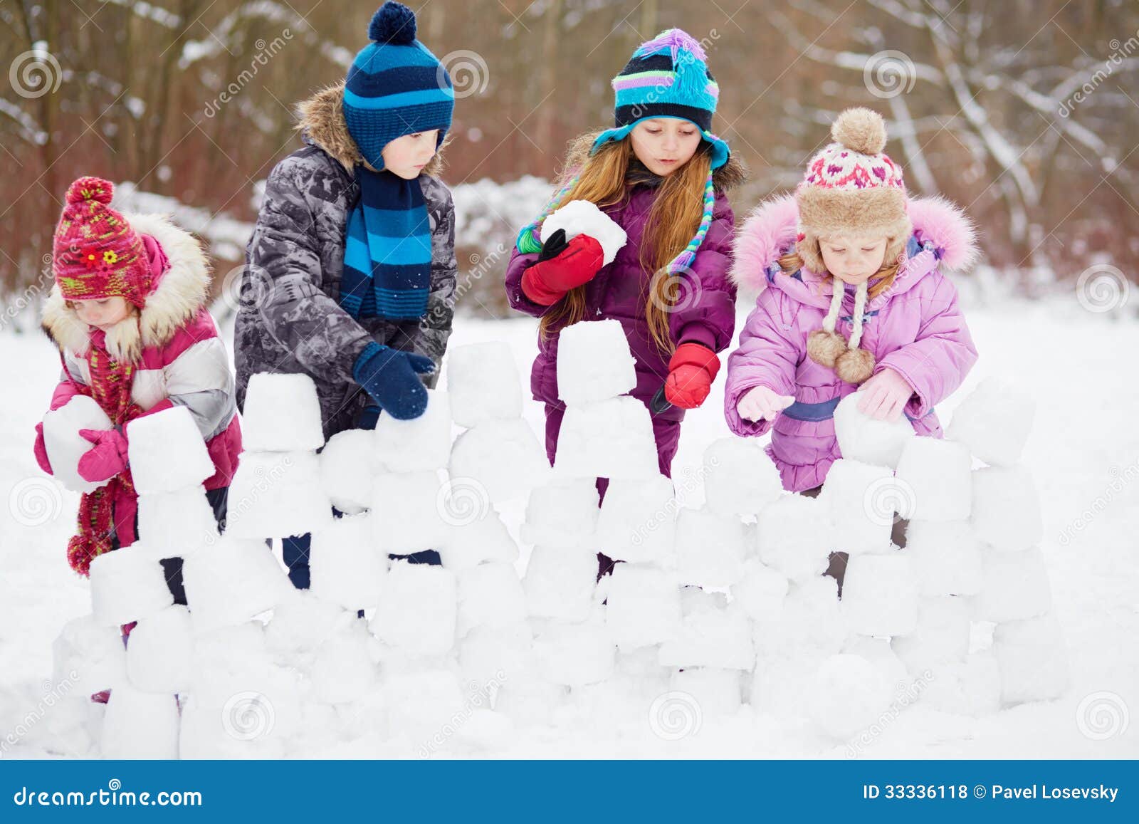Children Work at Building Wall from Snow Blocks Stock Photo - Image of ...