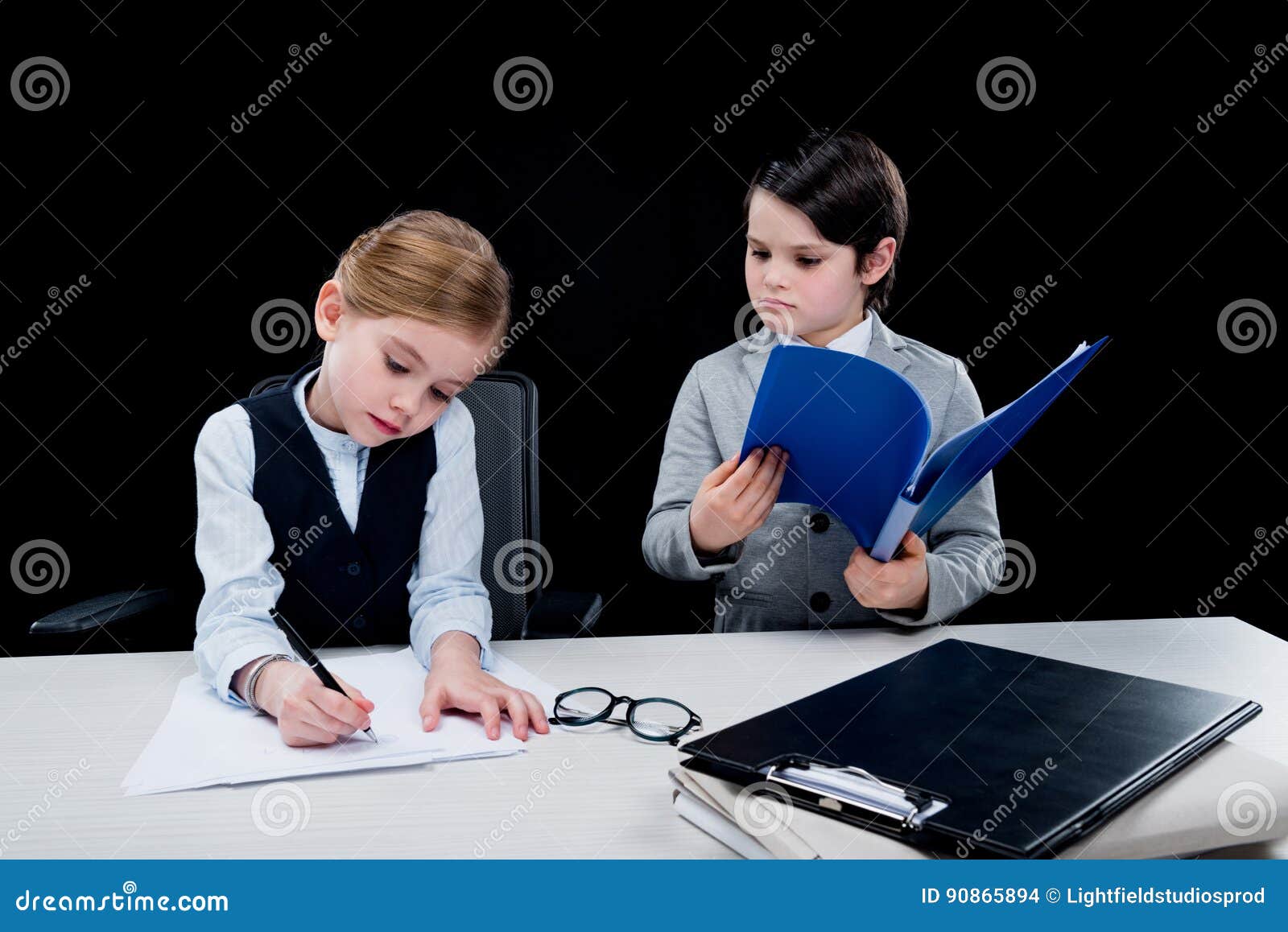 Children Working with Documents at Workplace Stock Photo - Image of ...