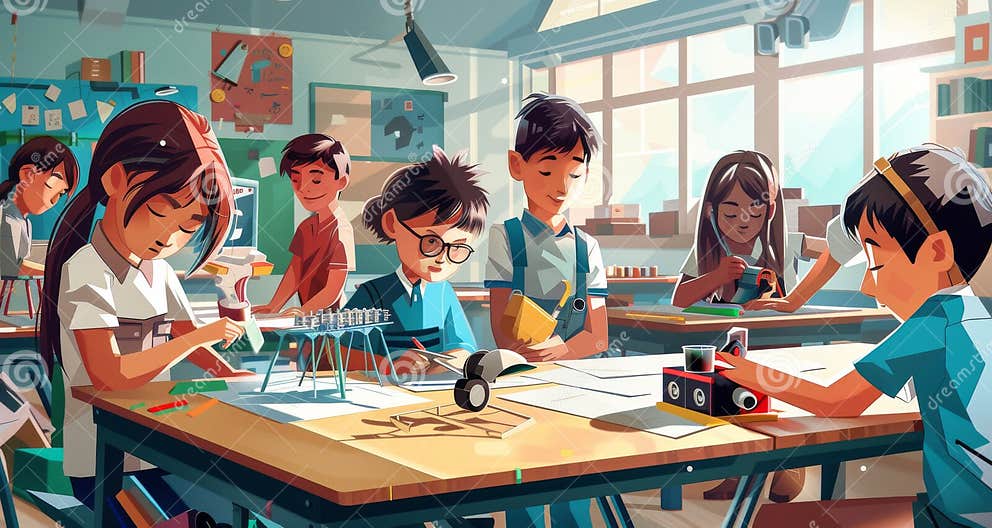 Children Working Together on Art and Science Projects in a Classroom ...