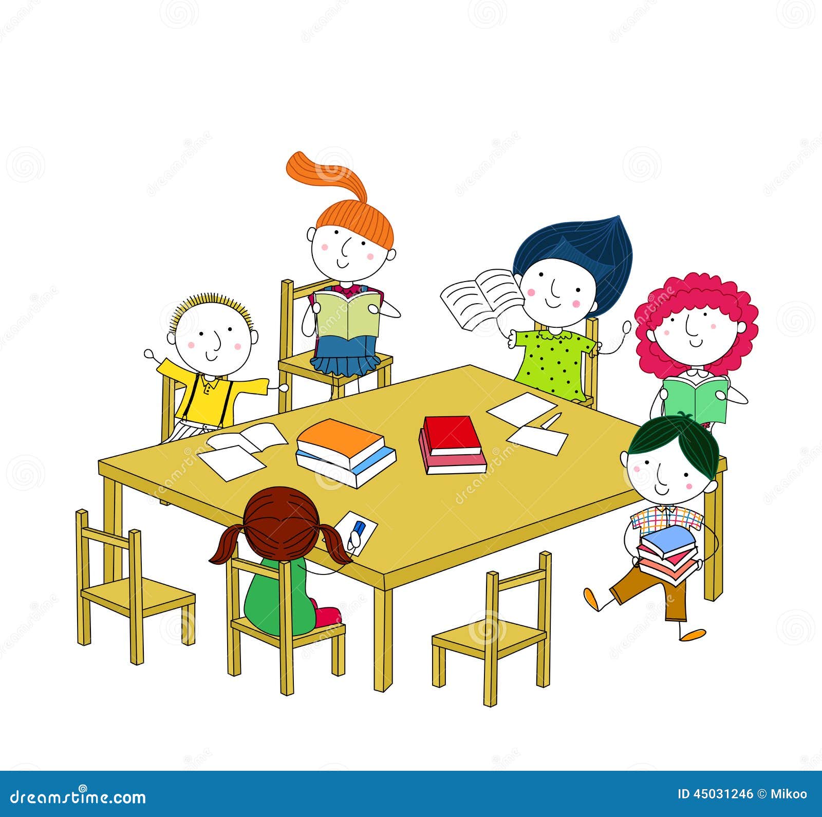 Children Write And Read, Sitting At The Table. Stock Vector - Image ...