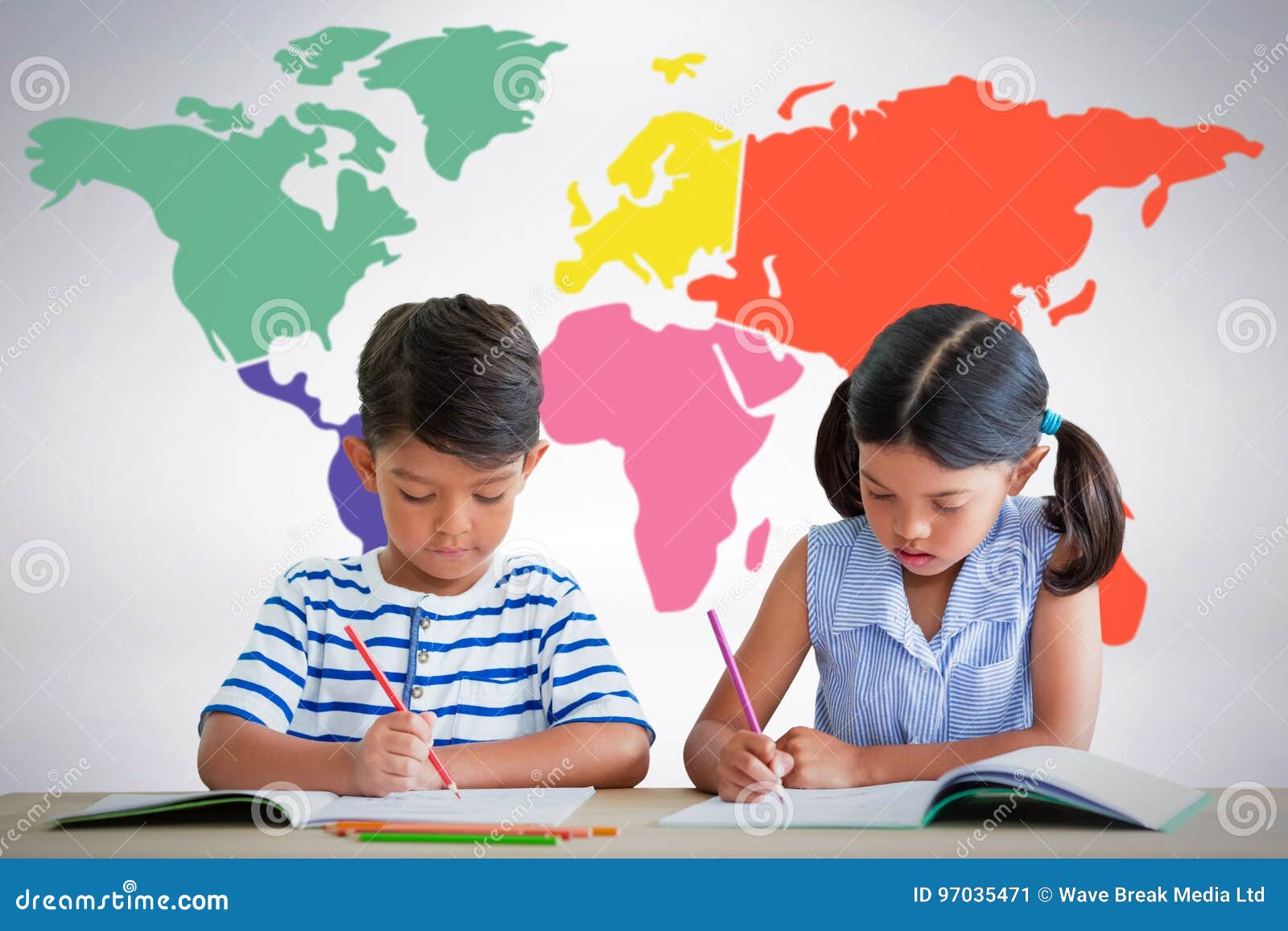 Composite Image of Children Writing on Books at Table Stock Image ...