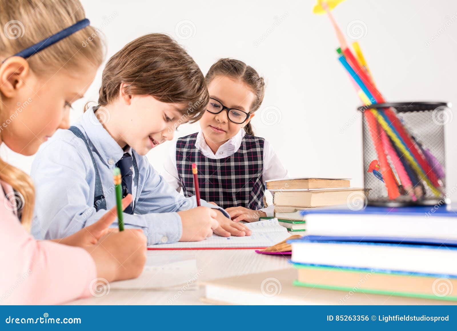 Children Writing in Notebooks Stock Photo - Image of horizontal ...
