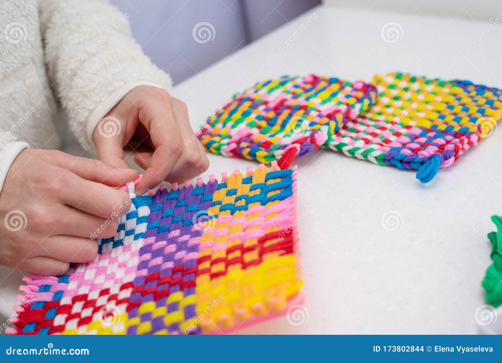 Childrens Creativity Weaving with Colored Threads Ropes Stock Photo ...