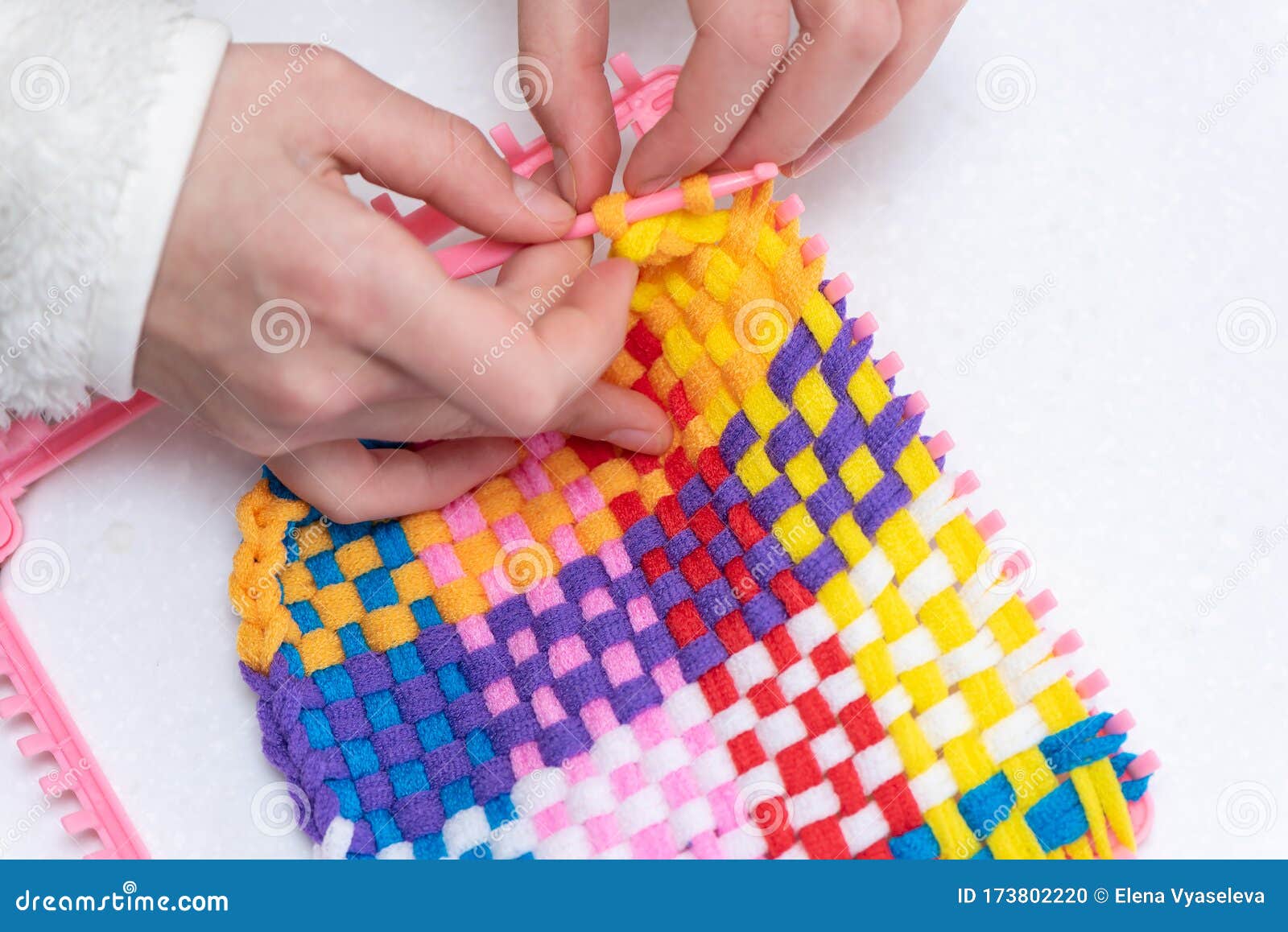 Childrens Creativity Weaving with Colored Threads Ropes Stock Photo ...