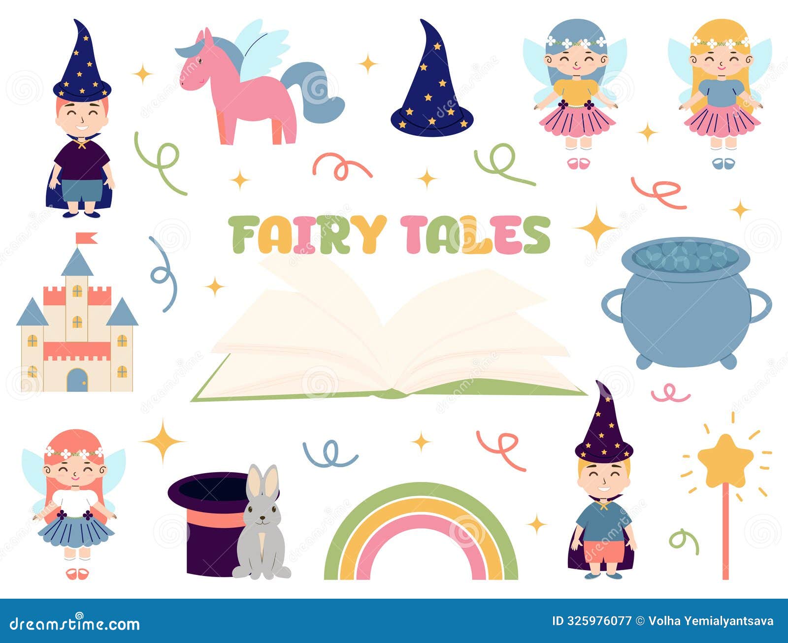 Childrens Magic Elements. Cute Flat Fairy Tale Characters Stock ...