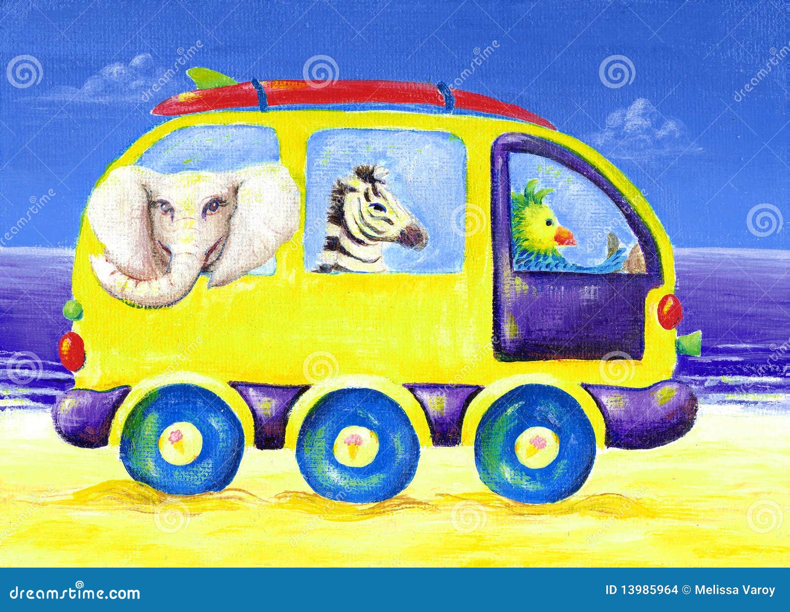 Childrens Painting of Surf Van with Exotic Animals Stock Illustration ...