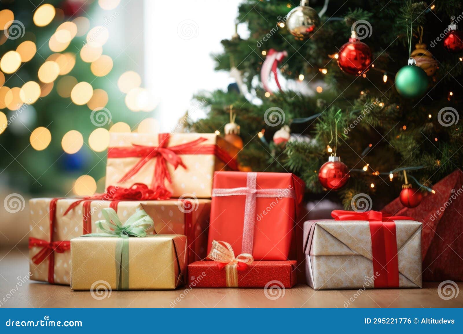 Childrens Present Stack Near a Decorated Christmas Tree Stock Photo ...