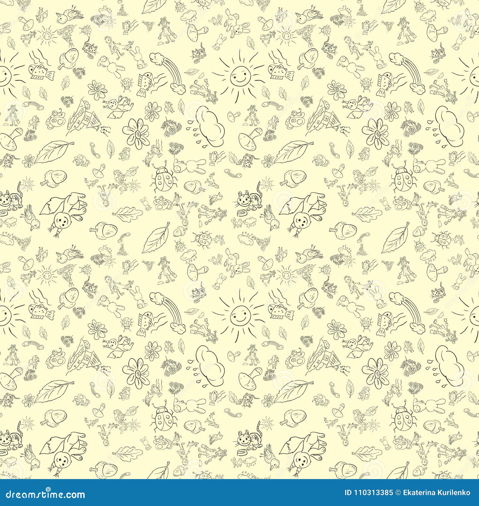 Childrens Seamless Pattern in Sketch Style Yellow Background Stock ...