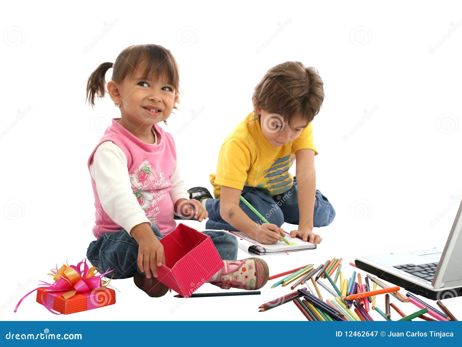 Childrens Students with Crayons and Computer Stock Image - Image of ...