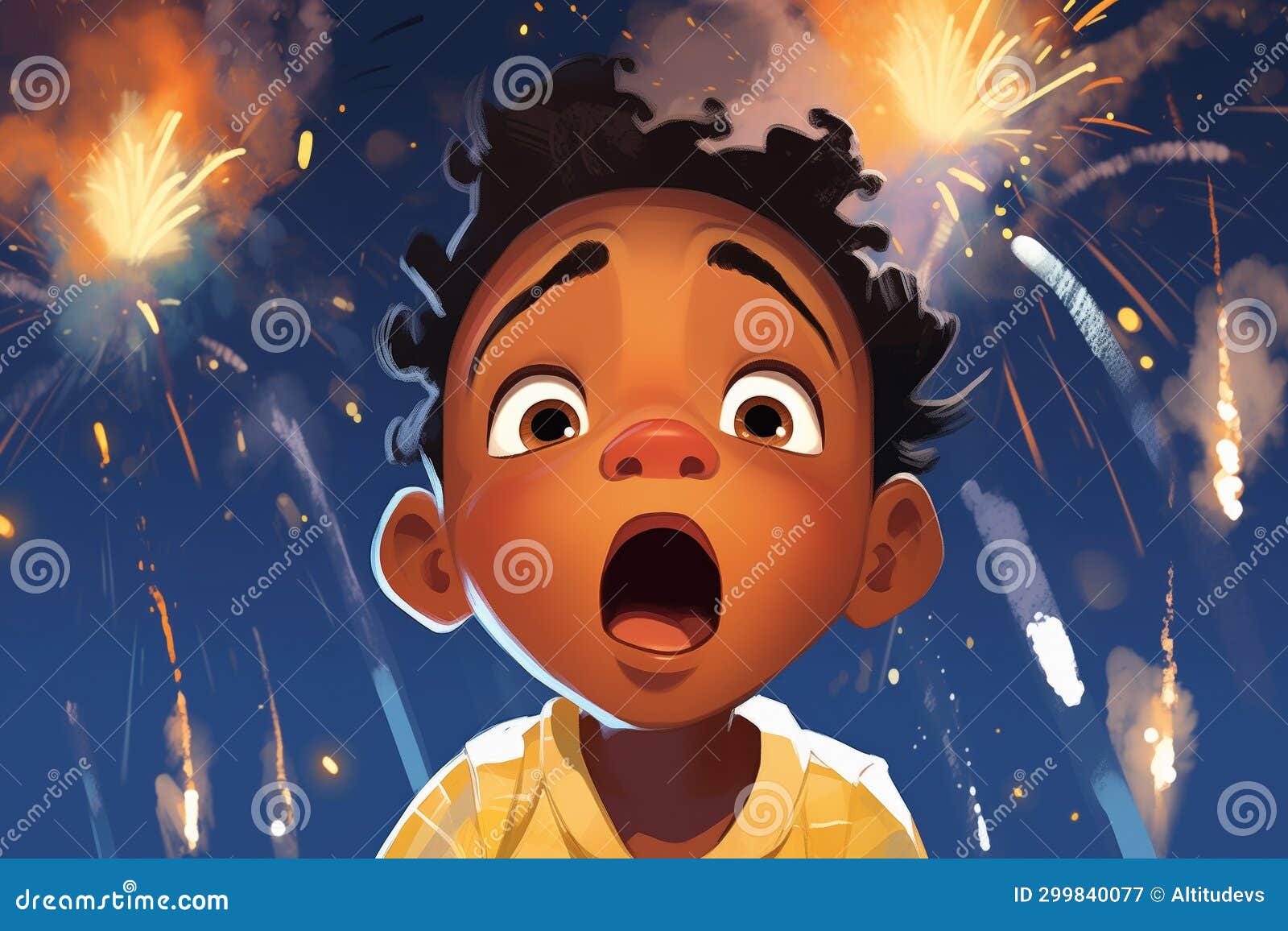 Childs Astonished Face Illuminated by the Bursts of Fireworks Stock ...