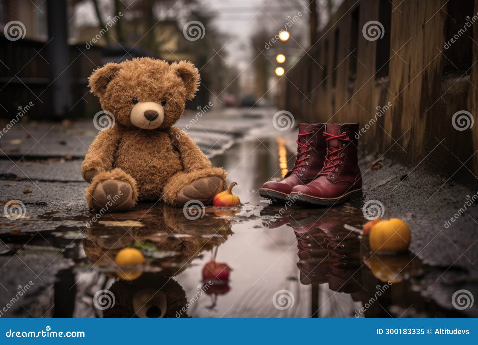 Childs Boots Next To a Teddy Bear in a Puddle Stock Image - Image of ...