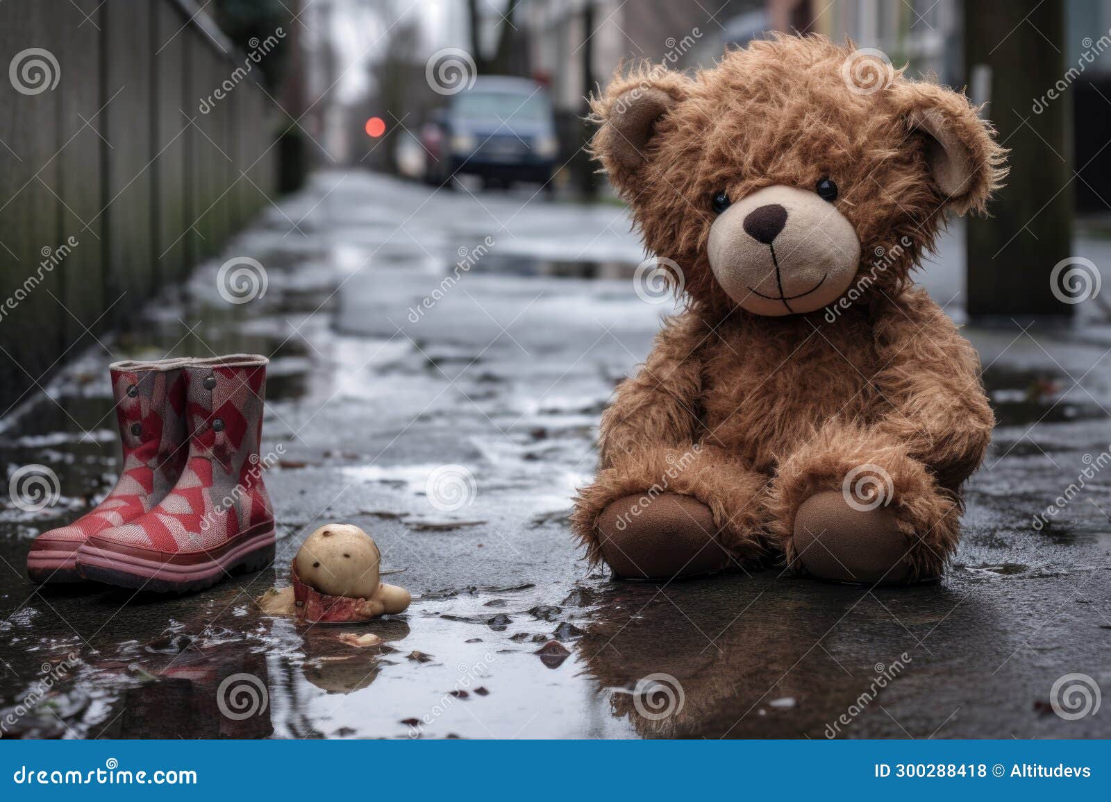 Childs Boots Next To a Teddy Bear in a Puddle Stock Photo - Image of ...
