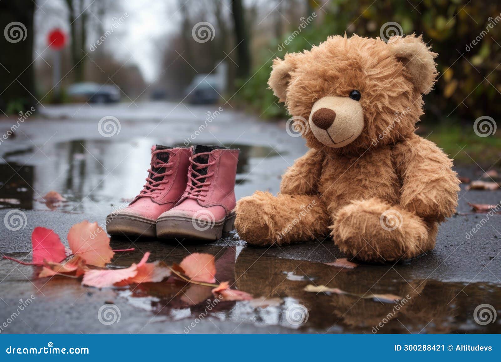 Childs Boots Next To a Teddy Bear in a Puddle Stock Image - Image of ...