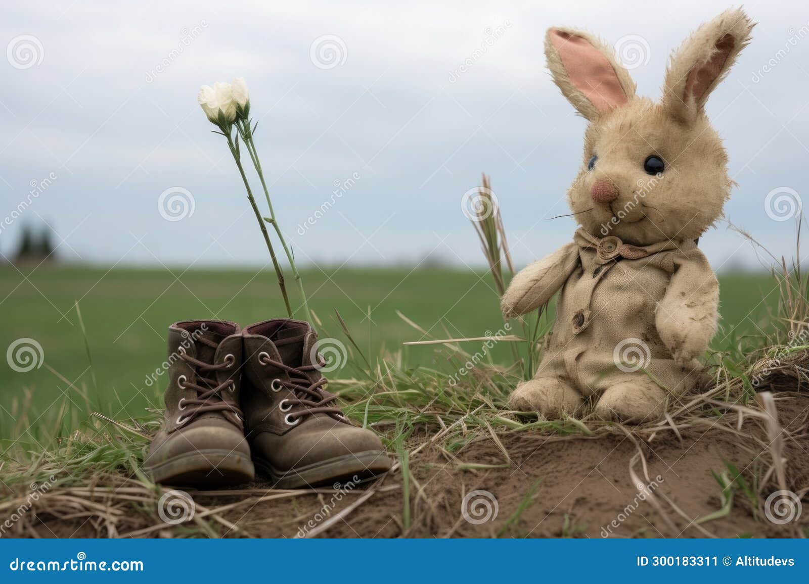 Childs Boots and Plush Bunny on a Grassy Field Stock Illustration ...