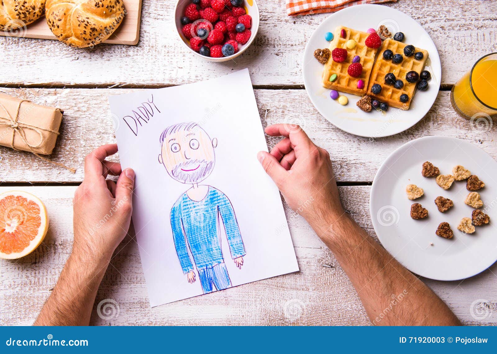 Childs Drawing of Her Dad. Fathers Day. Breakfast Meal. Stock Image ...