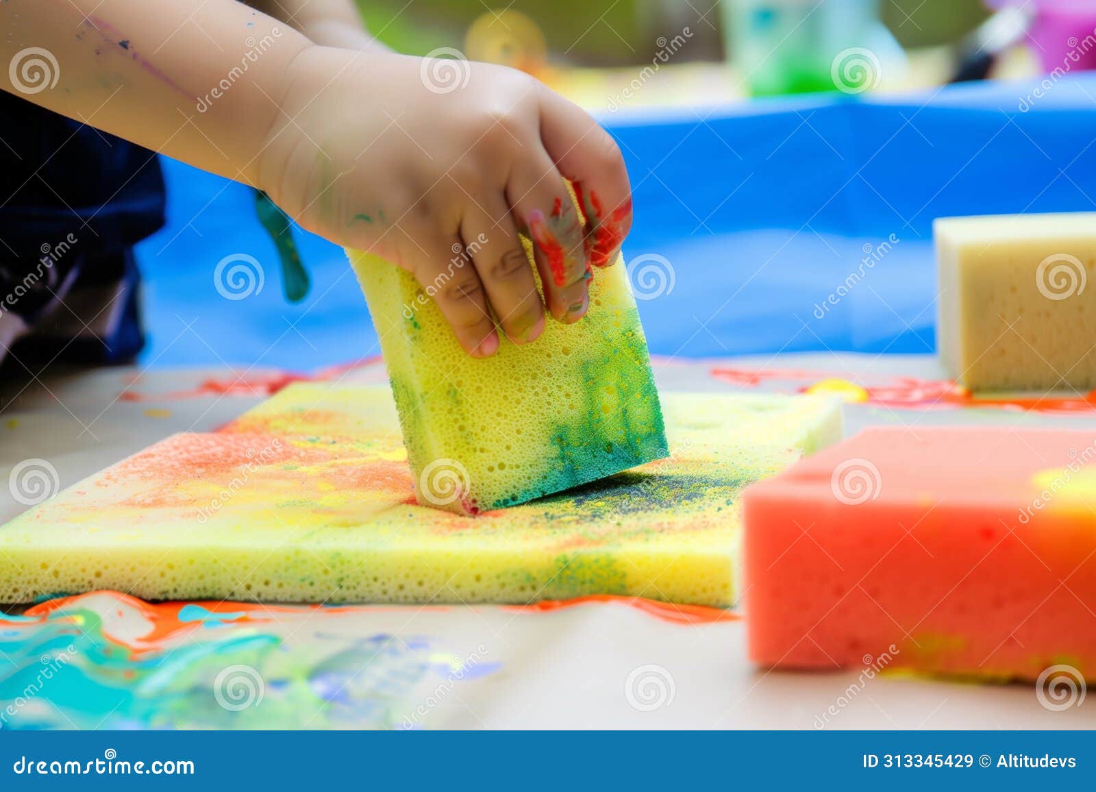 Childs Hand Dipping a Sponge in Paint for Craft Project Stock Image ...