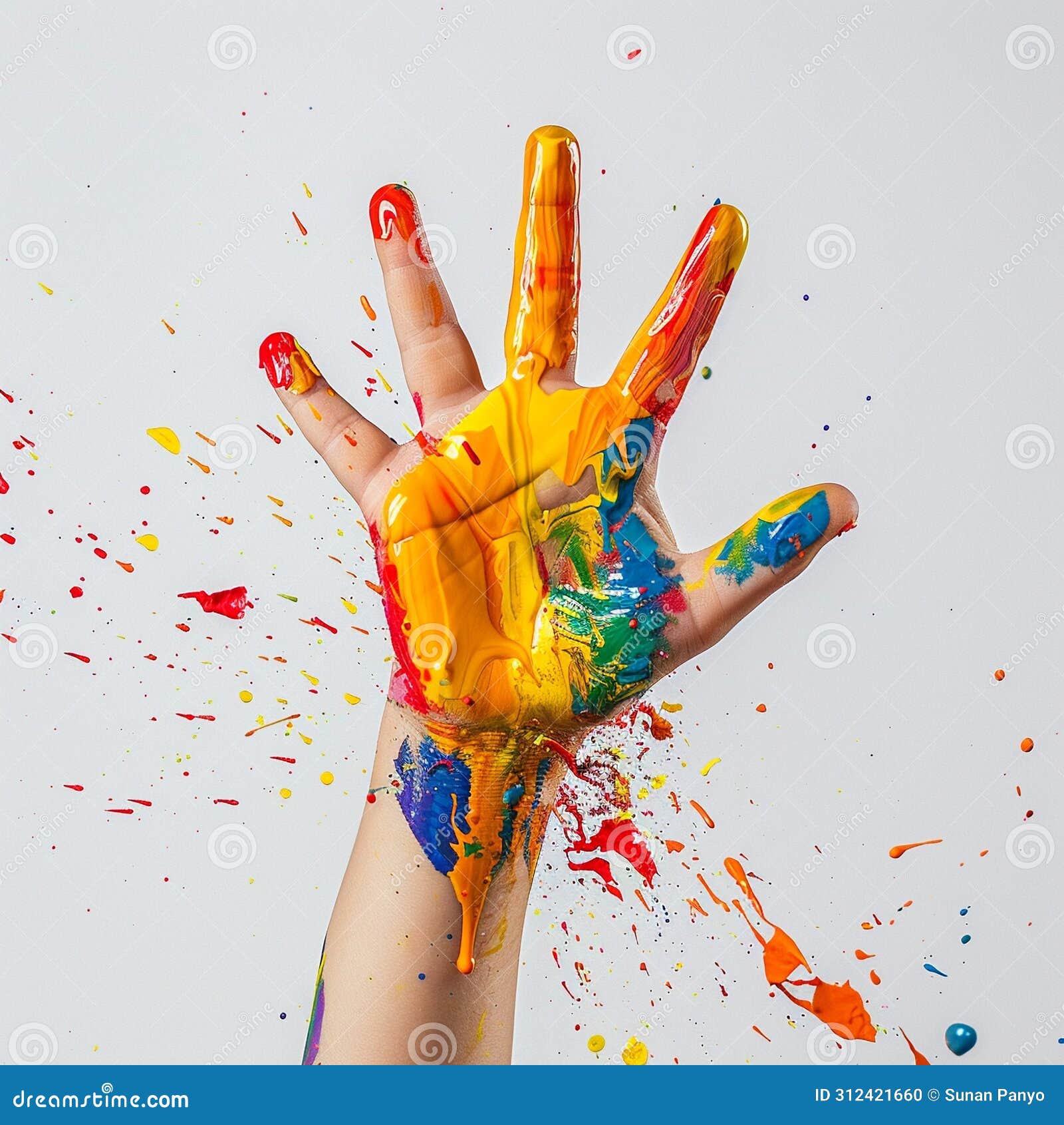 Childs Hand with Paint, Playful Angle, Bright Splashes , Professional ...
