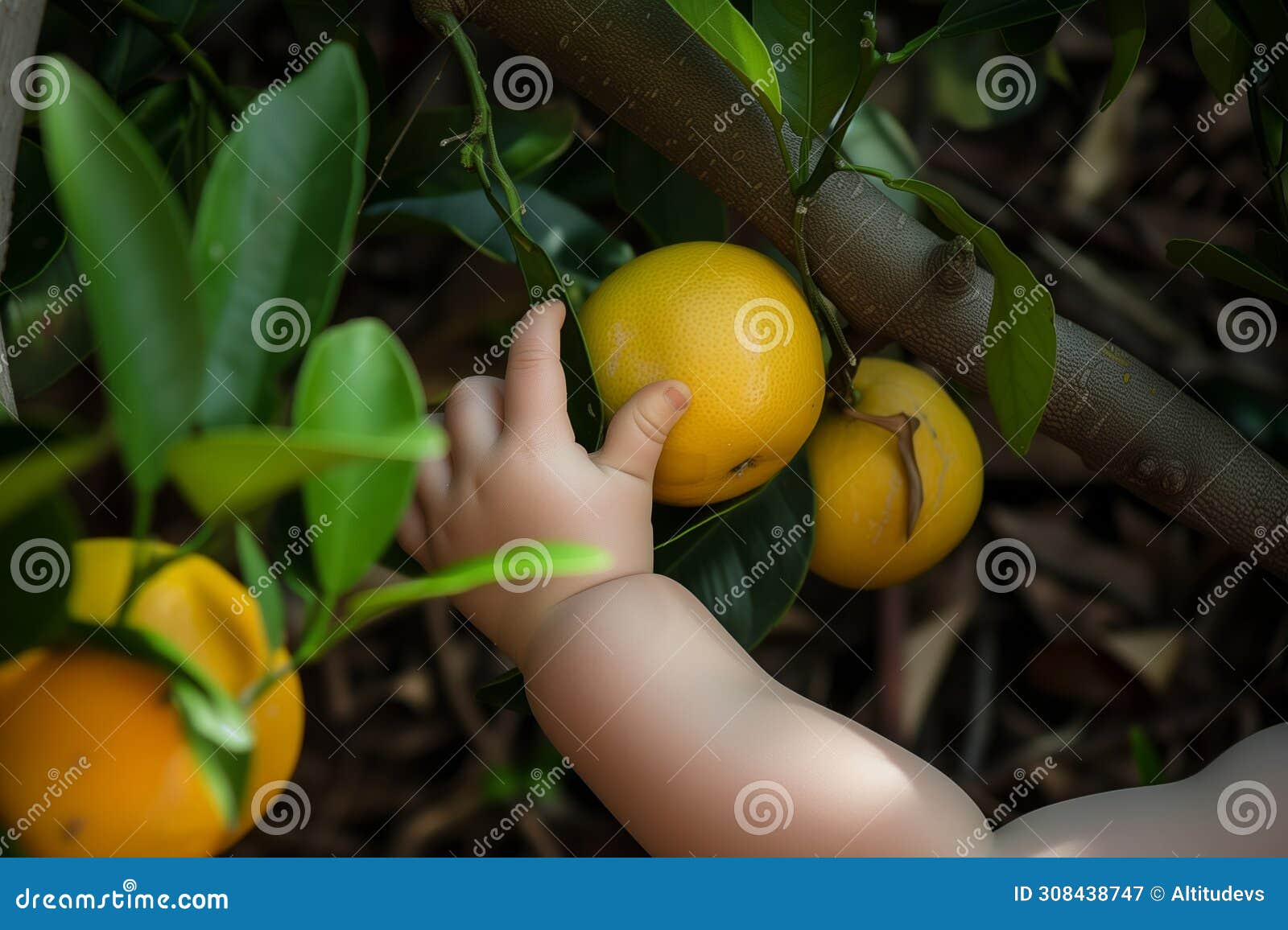 Childs Hand Reaching for an Orange on a Tree Branch Stock Image - Image ...