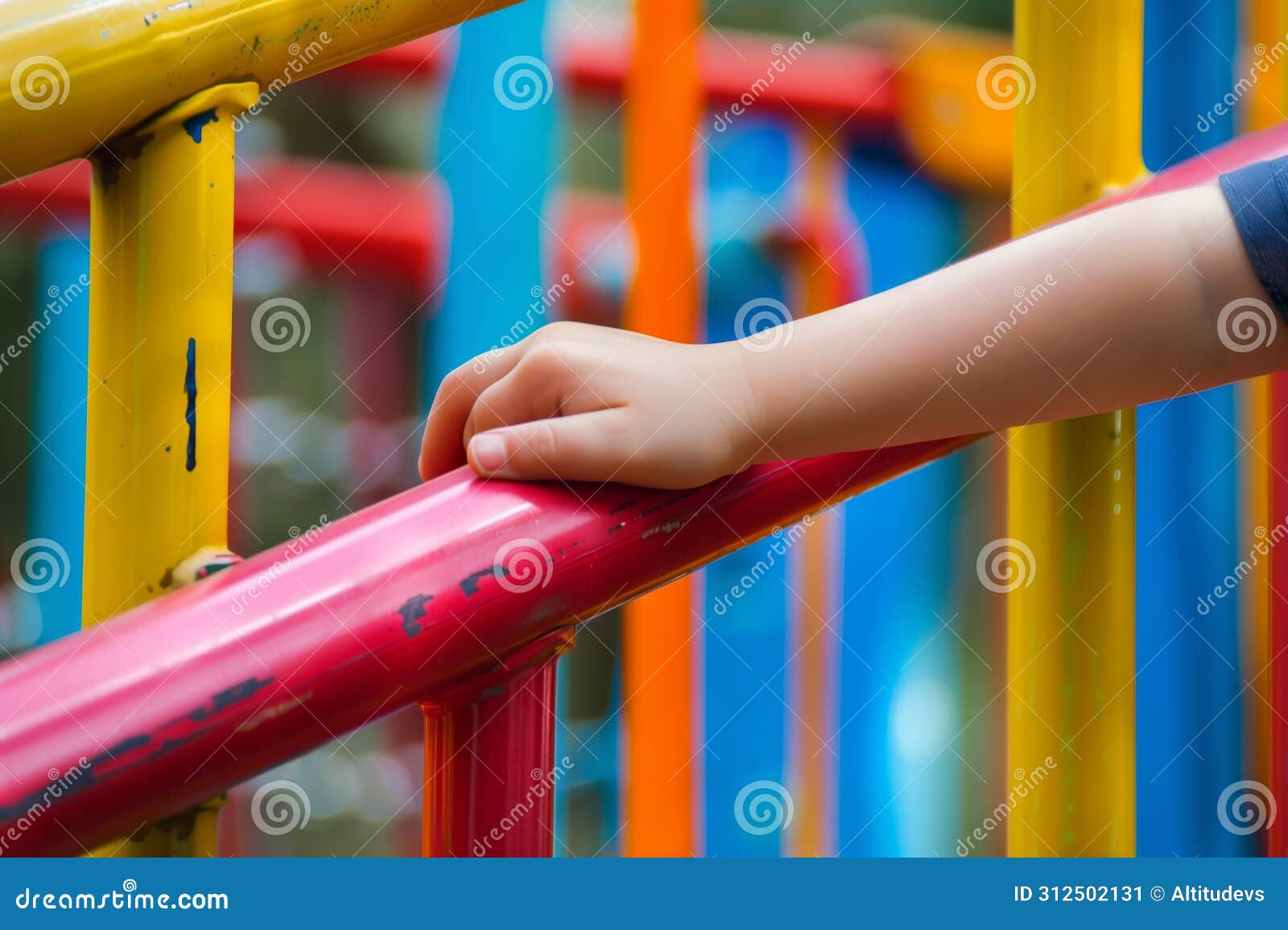 Childs Hand Sliding Down a Colorful Playground Handrail Stock Image ...