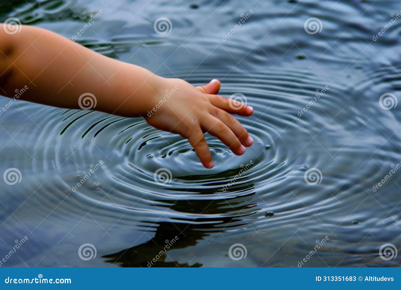 Childs Hand Tapping the Lakes Surface, Creating Circular Ripples Stock ...