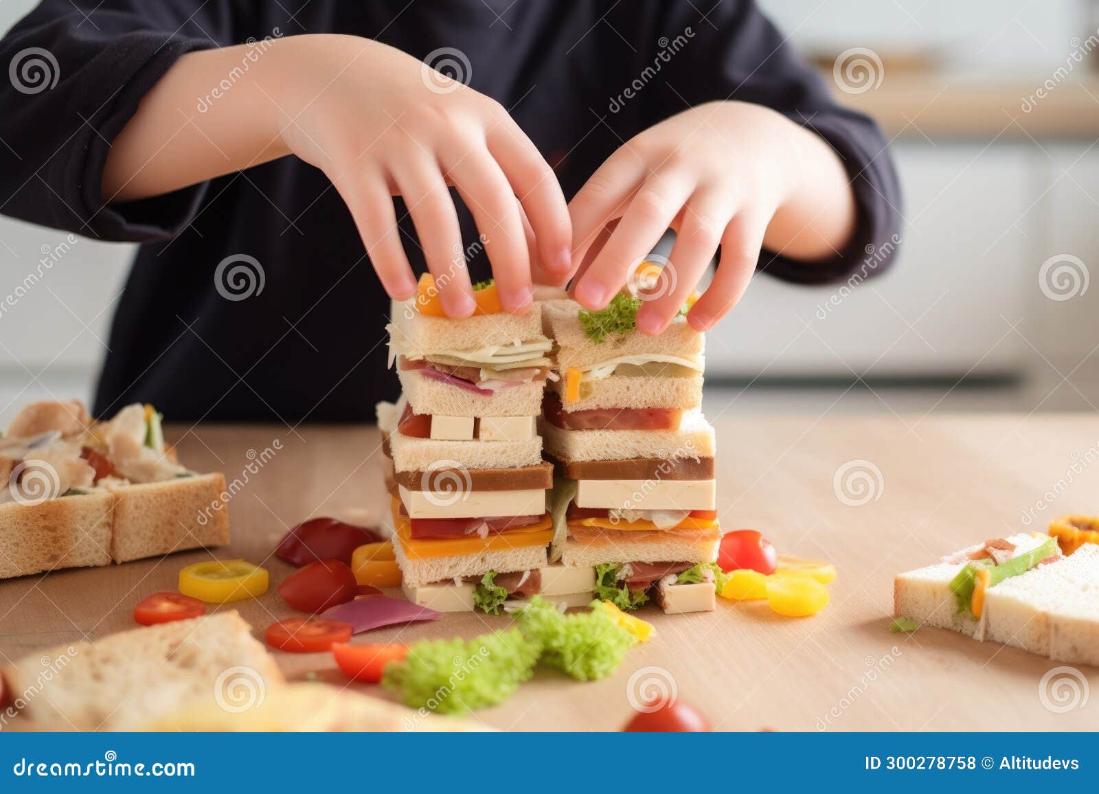 Childs Hands Assembling a Multi-layered Castle-shaped Sandwich Stock ...