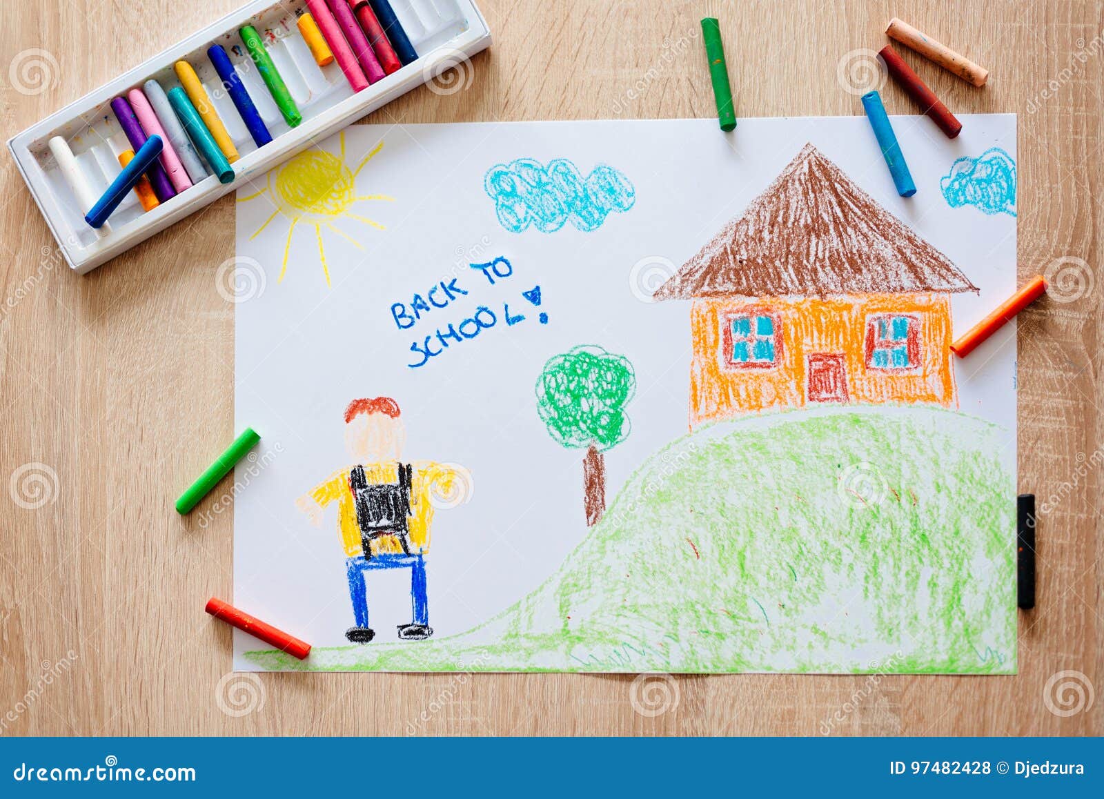 Childs Pastel Drawing of Boy Going To School. Stock Photo - Image of ...
