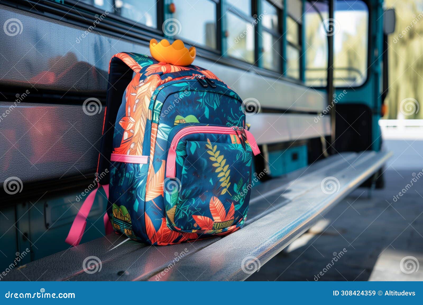 Childs Themed Backpack on a School Bus Bench Stock Image - Image of ...