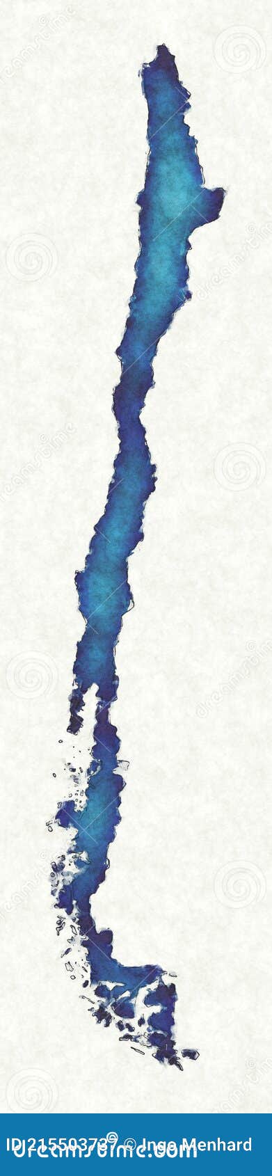 Chile Map with Drawn Lines and Blue Watercolor Illustration Stock ...